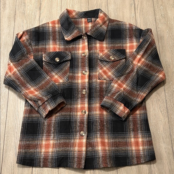 SHEIN | Tops | Womens Shein Black And Orange Plaid Flannel Shirt ...